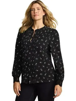 LANDS' END Lightweight Jersey Pintuck Top Black/cobalt Tiny Floral