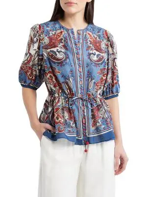 Farm Rio Paisley Print Cotton Blend Top - Paisley Scarf Cream