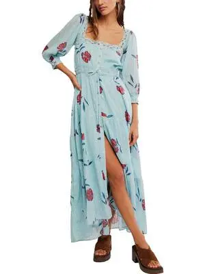 Free People Floral Lace Trim Maxi Dress - Pastel Blue Combo