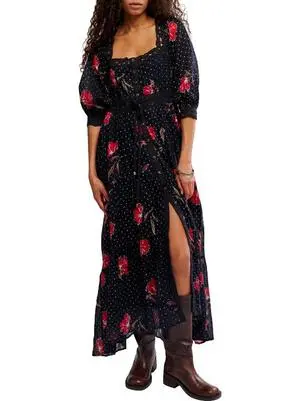 Free People Floral Lace Trim Maxi Dress - Red Pop Combo