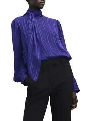 Mango Striped Satin Tie Neck Button Front Top - Blue