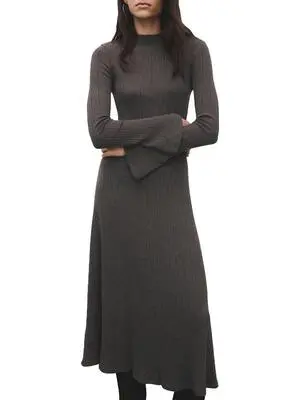 Mango Long Sleeve Ribbed Midi Dress - Medium Brown