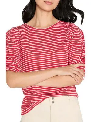 NIC+ZOE Striped Ruched Sleeve Top - Red Multi