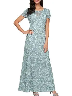 Alex Evenings Embellished Soutache A-line Gown - Ice Sage
