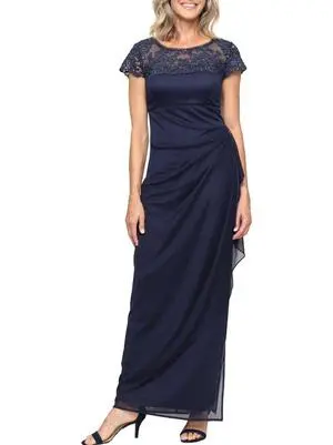 Alex Evenings Sequin Mesh Satin Gown - Navy