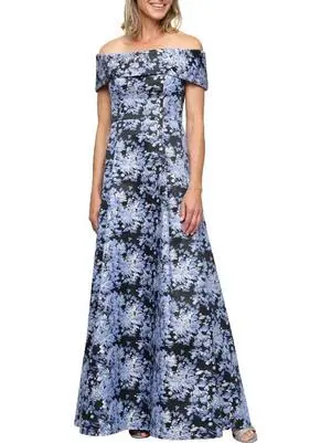 Alex Evenings Floral Jacquard Off-the-shoulder Gown - Black/cornflower