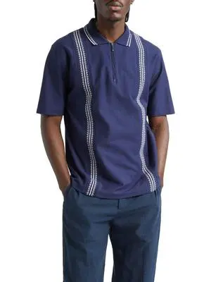 PALMES Stripe Jacquard Trim Zip Polo - Navy