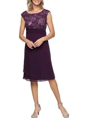 Alex Evenings Embroidered Bodice Chiffon Cocktail Dress - Plum