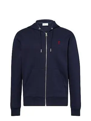 Ami Logo-embroidered Cotton-jersey Hoody - Bleu Nuit