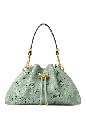 JIMMY CHOO Cinch Small Perforated Leather Bucket Bag - Verde/gold