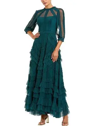 Mac Duggal 3/4 Puff Sleeve Mesh Ruffle Gown - Teal