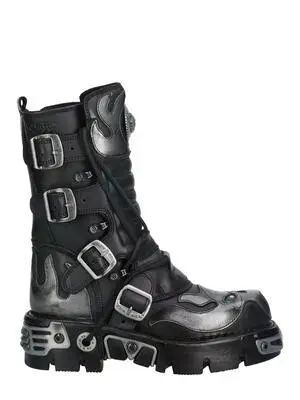 NEW ROCK Leather Buckled Boots - Black