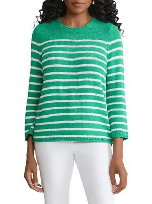 Jones New York Striped Crewneck Pullover Sweater - Kelly/white Sand