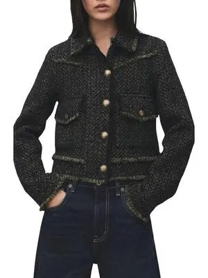 Mango Zip Front Tweed Jacket - Green