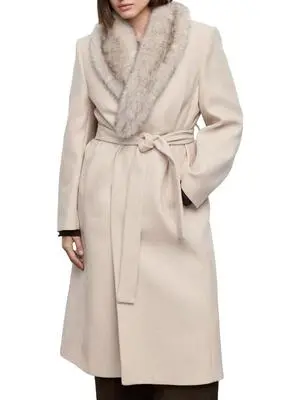 Mango Longline Trench Coat With Removable Faux Fur Collar - Light Ivory/pastel Grey
