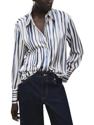 Mango Striped Satin Button-up Shirt - Navy