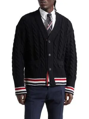 Thom Browne Rwb Cable Knit Wool Cardigan - Black