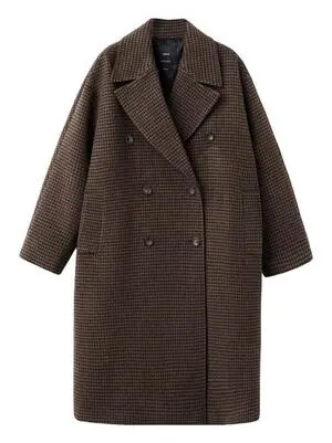 Mango Houndstooth Wool Blend Double Breasted Coat - Brown