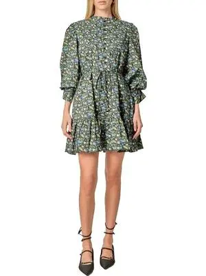 English Factory Cotton Mock Neck Button-up Minidress - Black Multi