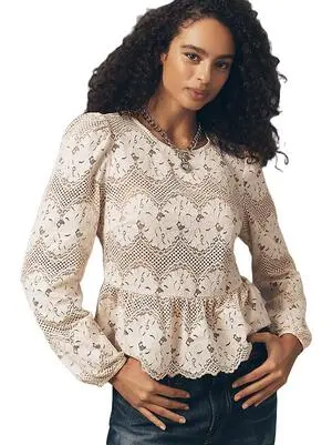 DOLAN LEFT COAST Peplum Lace Blouse - Ivory Pattern