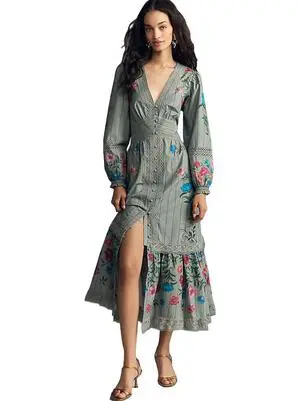 Anthropologie Floral Button-front Midi Dress - Green Pattern