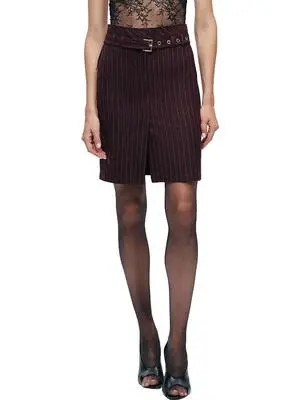 NOCTURNE Pinstriped Belted Pencil Skirt - Burgundy