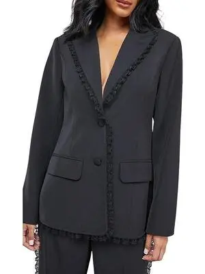 WAREHOUSE Oversized Lace Frill Trim Blazer - Black