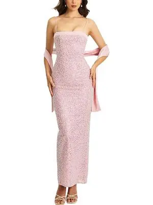 MISS CIRCLE Raizel Beaded Sequin Gown With Scarf - Pink