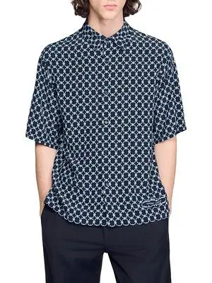 Sandro Link Print Loose Fit Shirt - Navy Blue