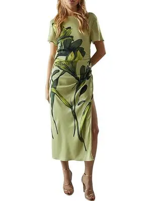 WAREHOUSE Placement Print Crinkle Midi Satin Dress - Lime Yellow