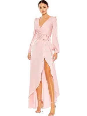 Mac Duggal Draped Faux Wrap Long Sleeve Gown - Rose Pink