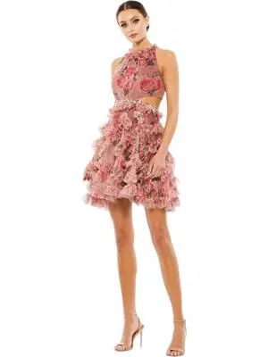 Mac Duggal Ruffled Halter Mini Dress - Rose Multi