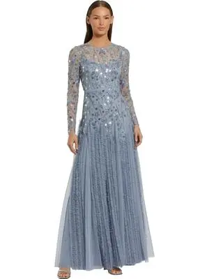 Mac Duggal Embellished Long-sleeve A-line Gown - Slate Blue