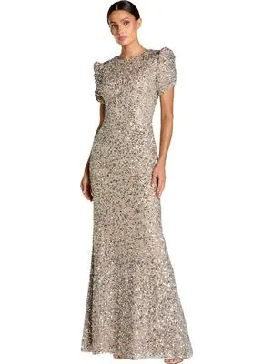 Mac Duggal Sequin Trumpet Gown With Puff Sleeves Neutral