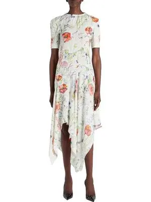 Alexander McQueen Floral Print Asymmetric Crepe Dress - White