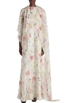 Alexander McQueen Floral Print Silk Cape Gown - White
