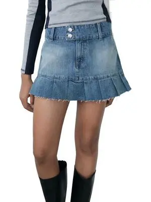 Mango Pleated Denim Miniskirt - Blue