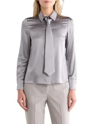 Alice + Olivia Slim Fit Stretch Silk Button-up Shirt With Tie - Storm Grey