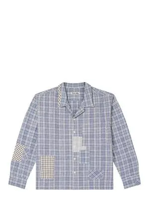 STORY MFG. Greetings Camp-collar Patchwork Checked Organic Cotton Shirt - Blue