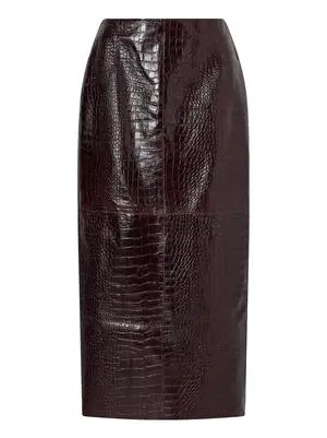 Nour Hammour Paneled Croc-effect Leather Midi Skirt - Brown