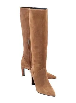 FOREVER & ALWAYS SHOES Merla Leather Block Heel Boots Cognac Suede