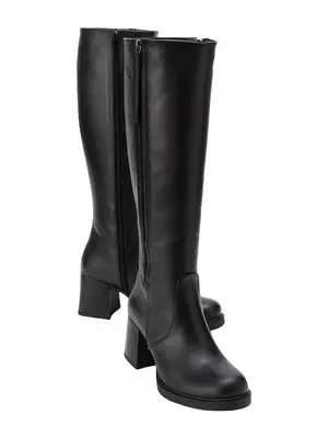 FOREVER & ALWAYS SHOES Lensa Leather Block Heel Boots - Black