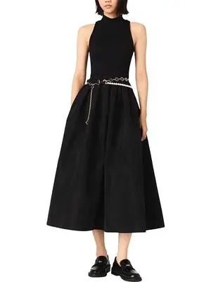 Maje Mixed Media Taffeta Midi Dress - Black