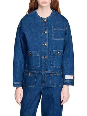 Sandro Collarless Denim Jacket - Deep Blue