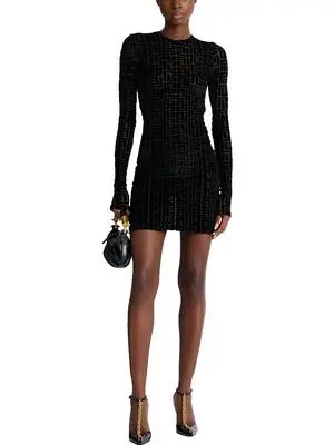 Balmain Short Monogrammed Velvet Dress - Black