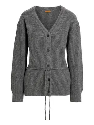 LE17SEPTEMBRE Ribbed Wool-blend Cardigan With Detachable Waist Tie - Anthracite