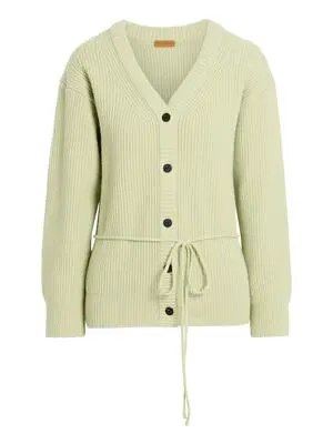 LE17SEPTEMBRE Ribbed Wool-blend Cardigan With Detachable Waist Tie - Light Green