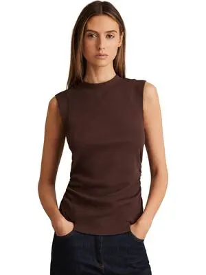 REISS Ribbed Ruched Waist Vest - Chocolate