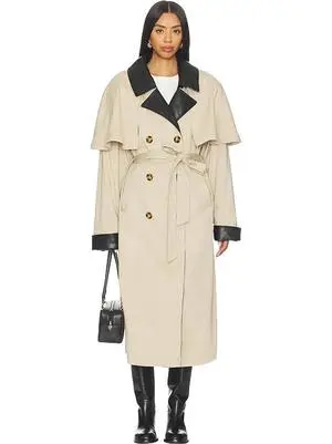 WeWoreWhat Vegan Leather Trim Trench Coat - Taupe & Dark Brown