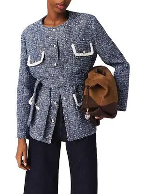Maje Tweed Jacket With Pockets And Belt - Blue